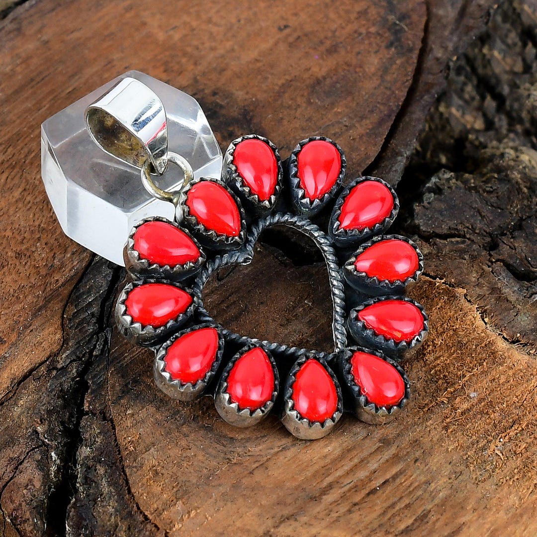 Sterling Silver Pendant Red Coral Gemstone Pendant Heart Shape Pendant ...