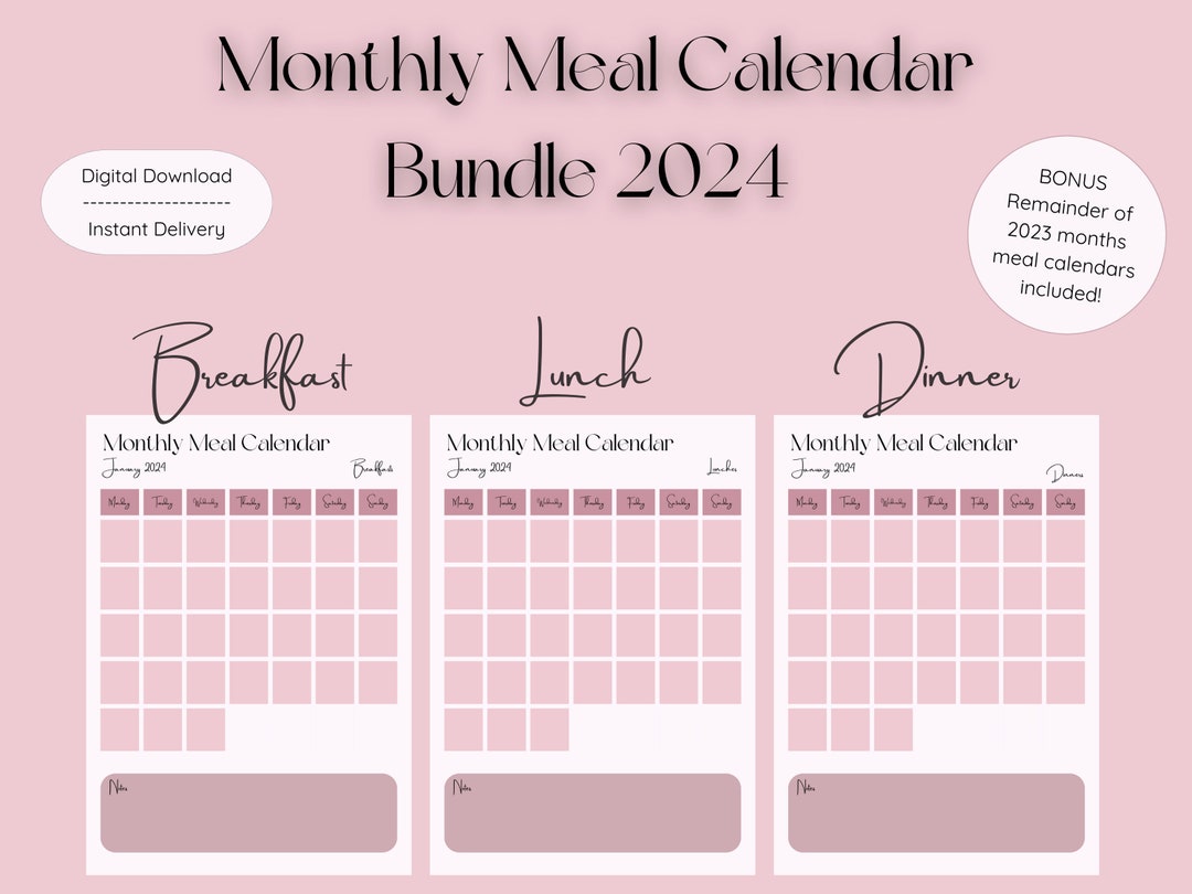 Monthly Meal Calendar Bundle 2024, Printable PDF Organiser, Menu Prep ...