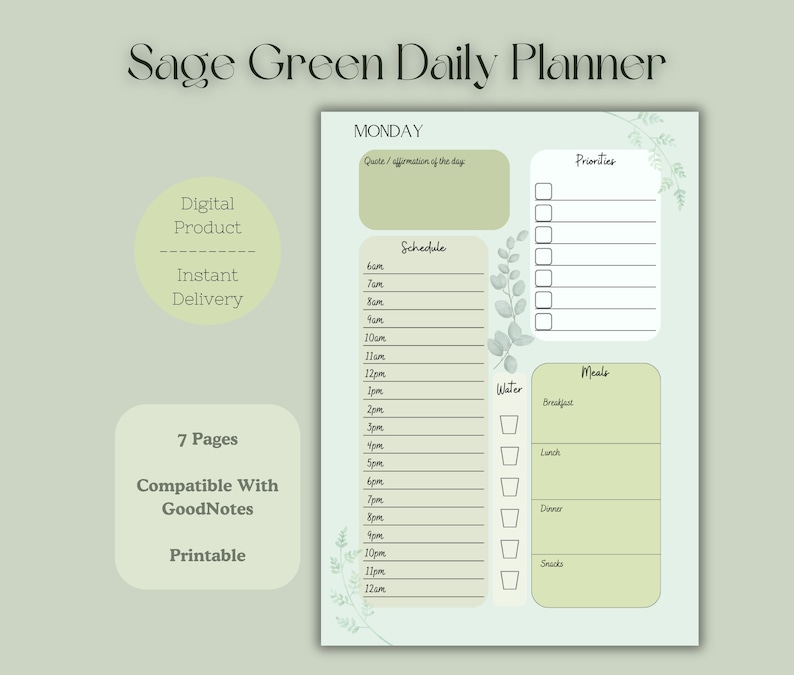 Sage Green Daily Planner, Printable Sheets, Goodnotes Compatible ...