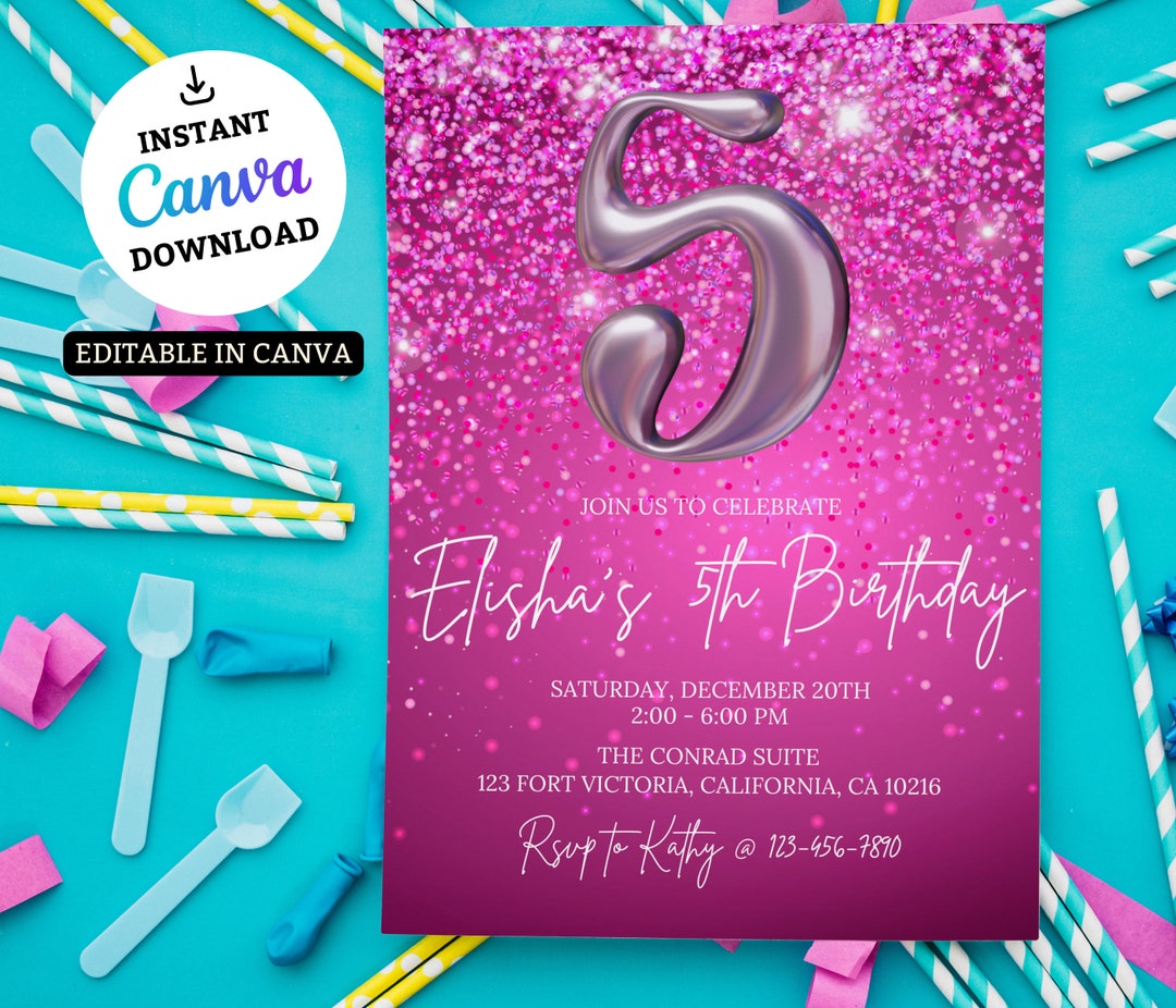 Editable Pink 5th Birthday Invitation Template Glitter Birthday Party ...