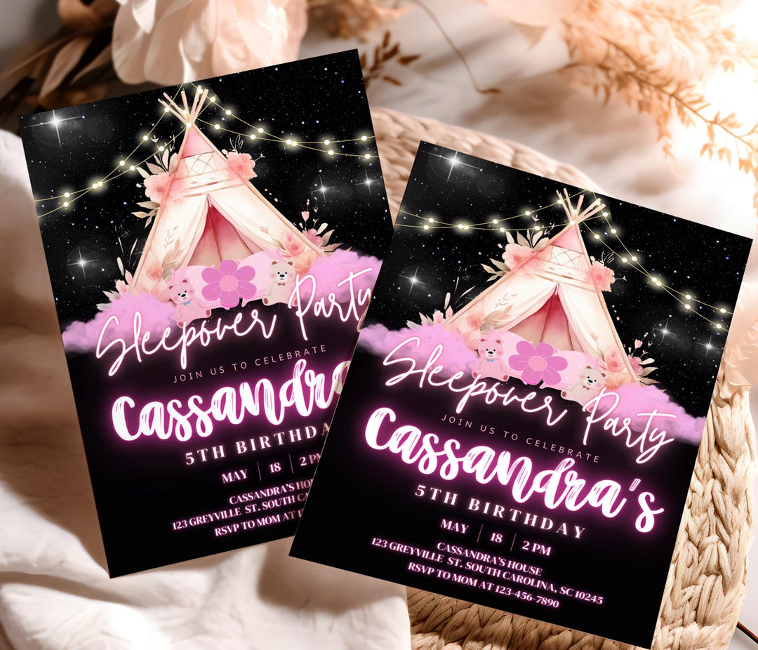 Sleepover Birthday Minimalist Invitation Set Slumber Party Invite Girl ...