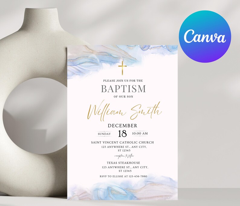 Modern Christening Invitation, Blue Christening Invite Template, Boy ...