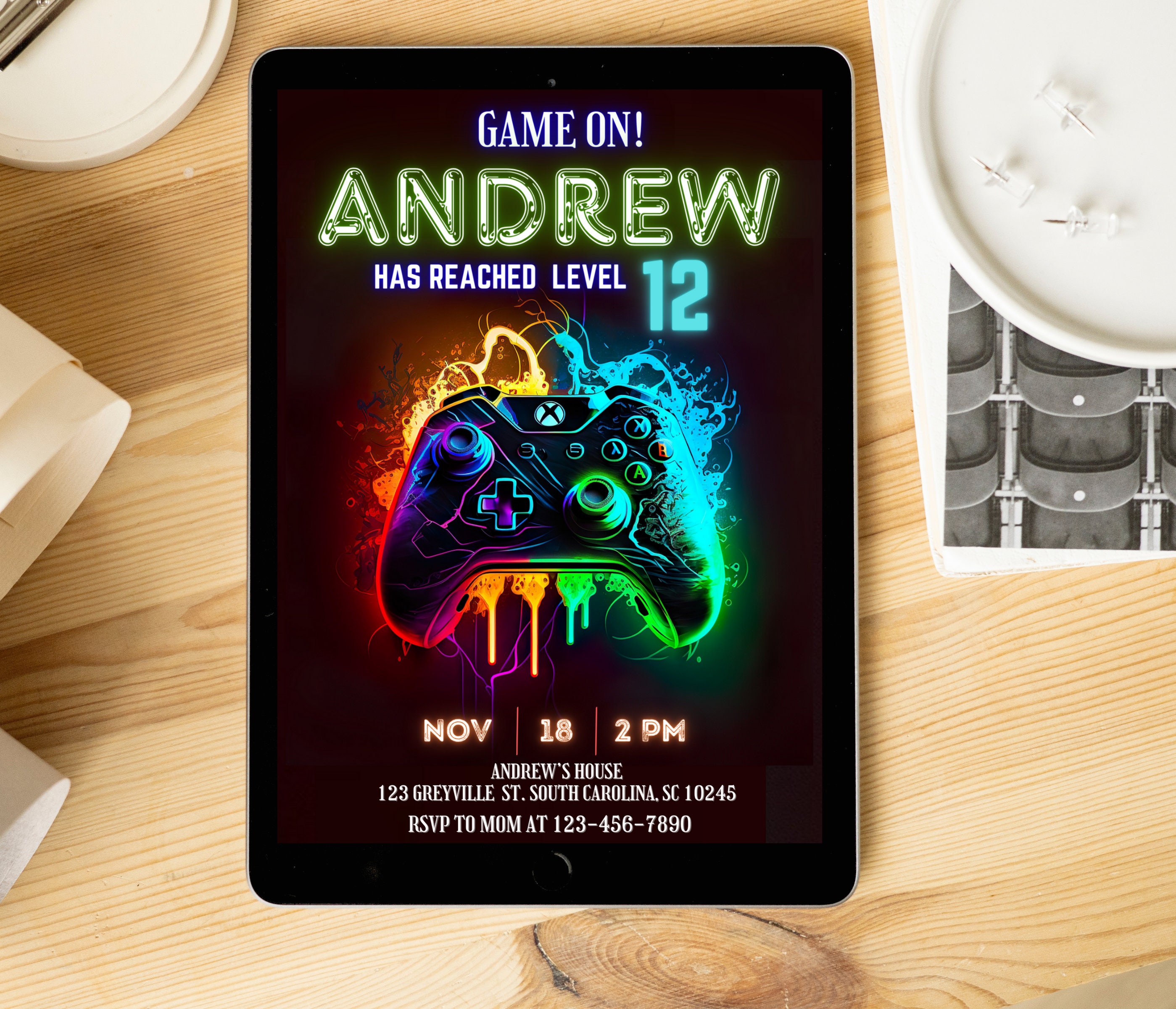 Video Game Birthday Invitation Template, Video Game Invitation, Neon ...