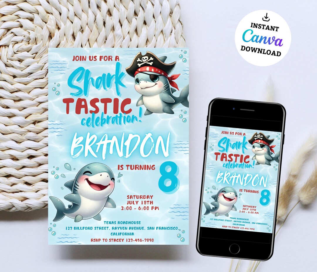 Editable Shark Invitation, Shark Invites, Boy Invitation, Shark ...
