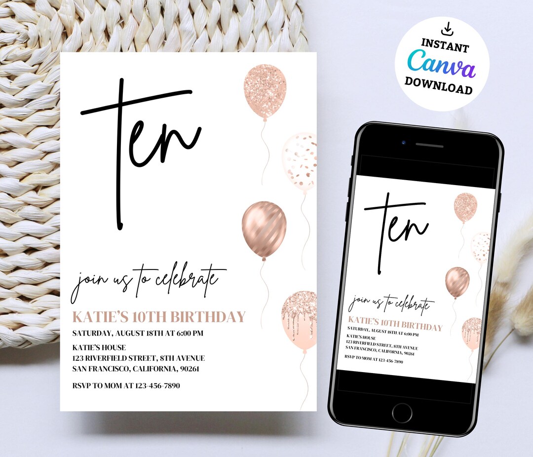 10th Birthday Invitation Editable, Ten Birthday Invite, Girl Birthday ...
