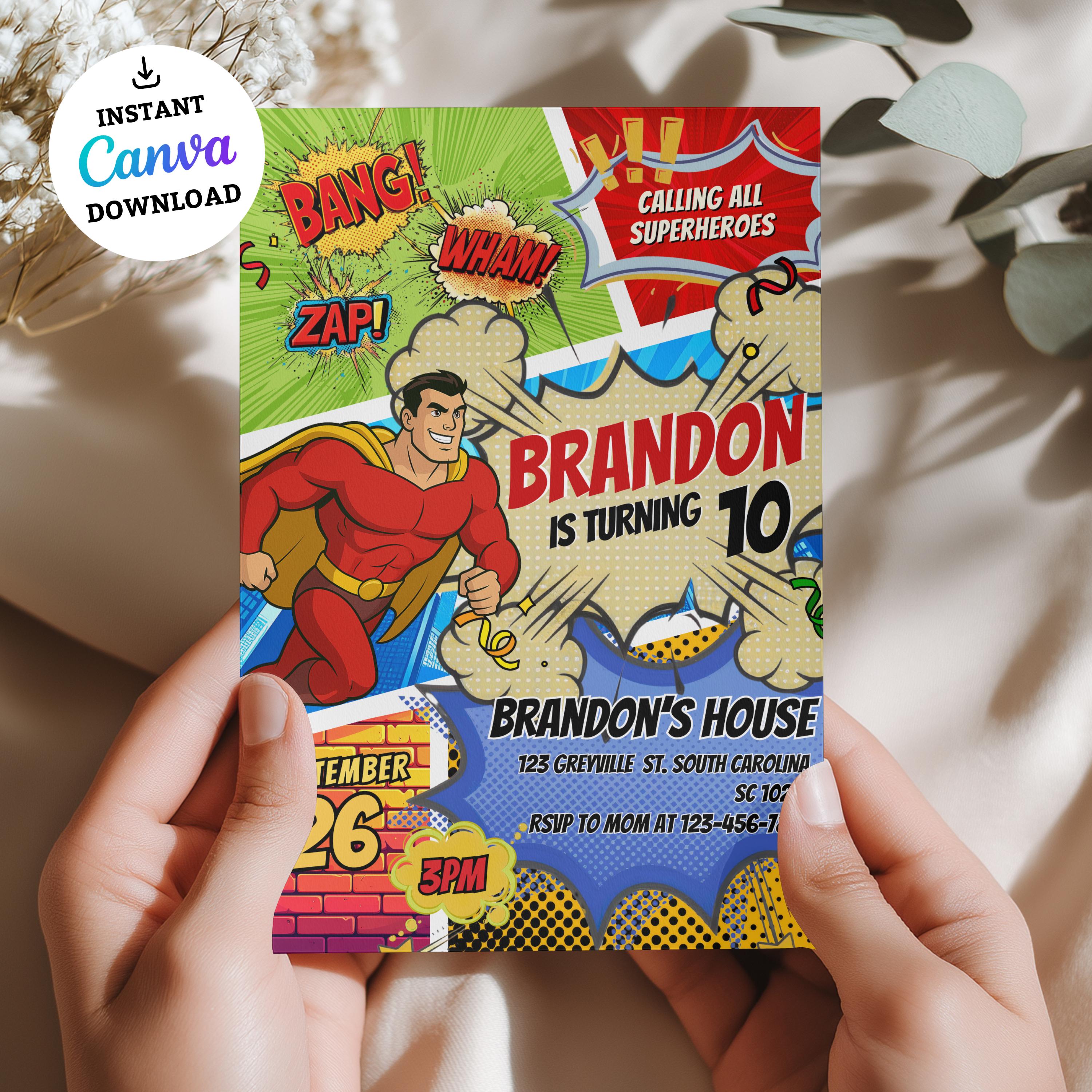 Editable Superhero Birthday Invitation Template, Comic Book Birthday ...