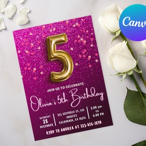 Editable Pink 5th Birthday Invitation Template Glitter Birthday Party ...