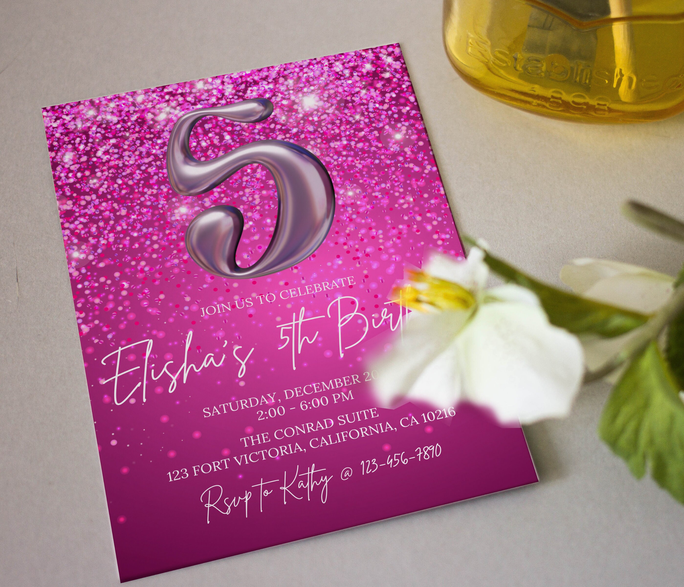 Editable Pink 5th Birthday Invitation Template Glitter - Etsy