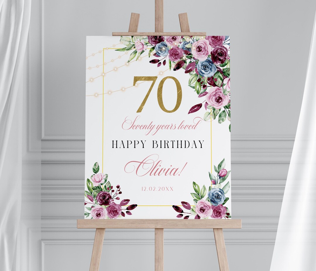 Editable 70 Years Loved Sign, 70th Birthday Welcome Sign, Floral 70th ...