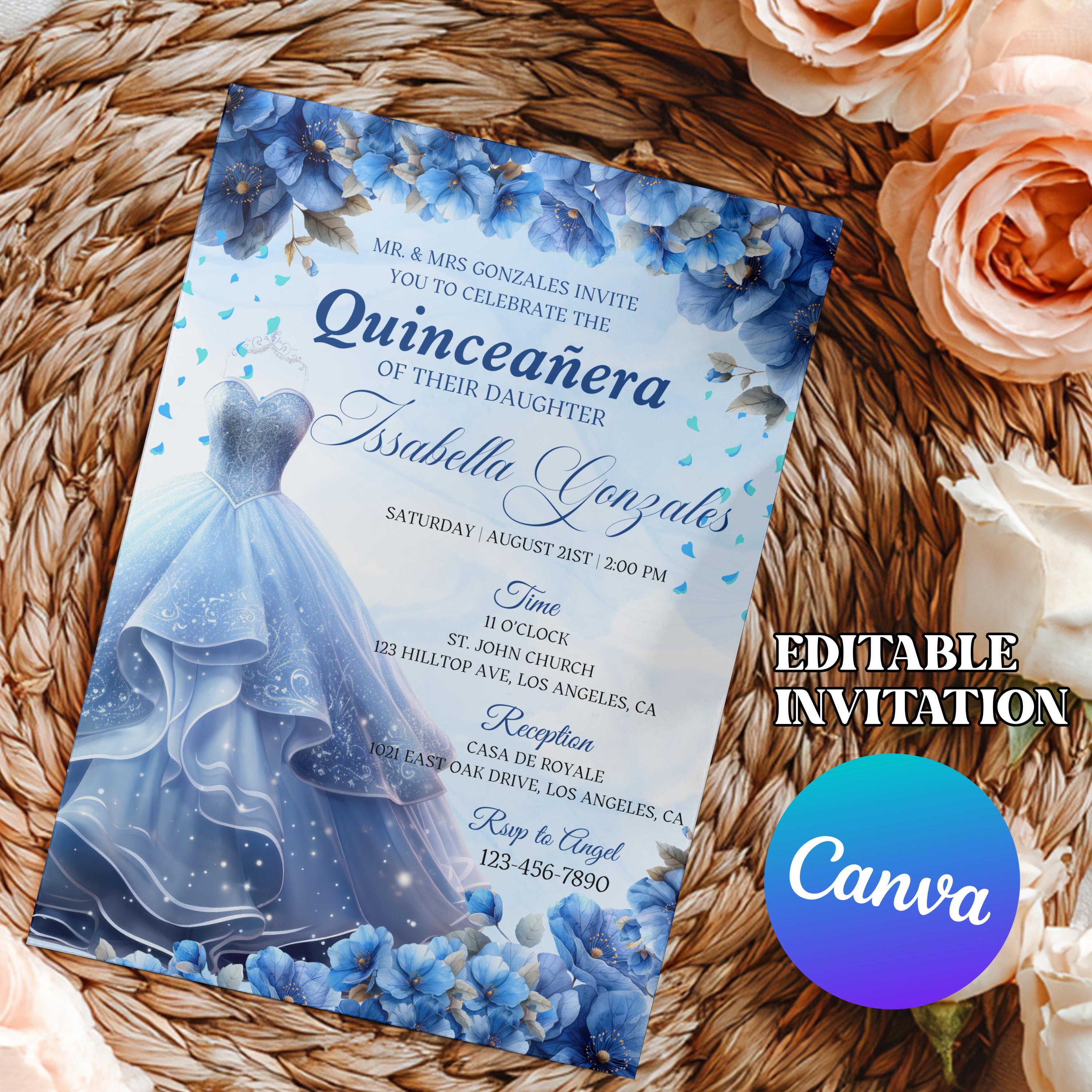 Blue and Gold Quinceañera Invitation, EDITABLE Pastel Butterfly and ...