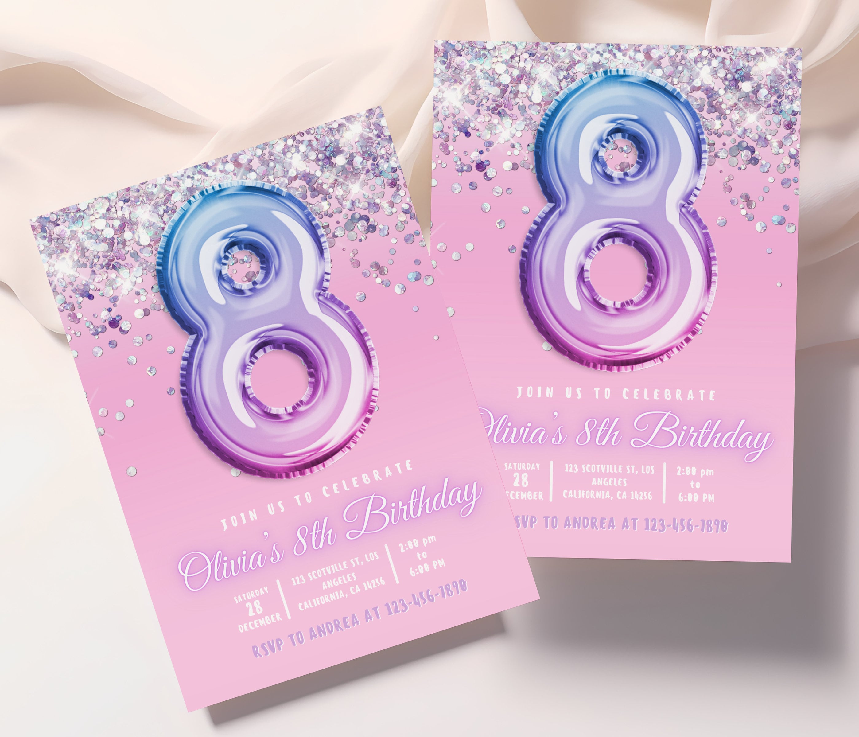 Pink Glitter 8th Birthday Invitation: Rainbow Foil (digital Download ...