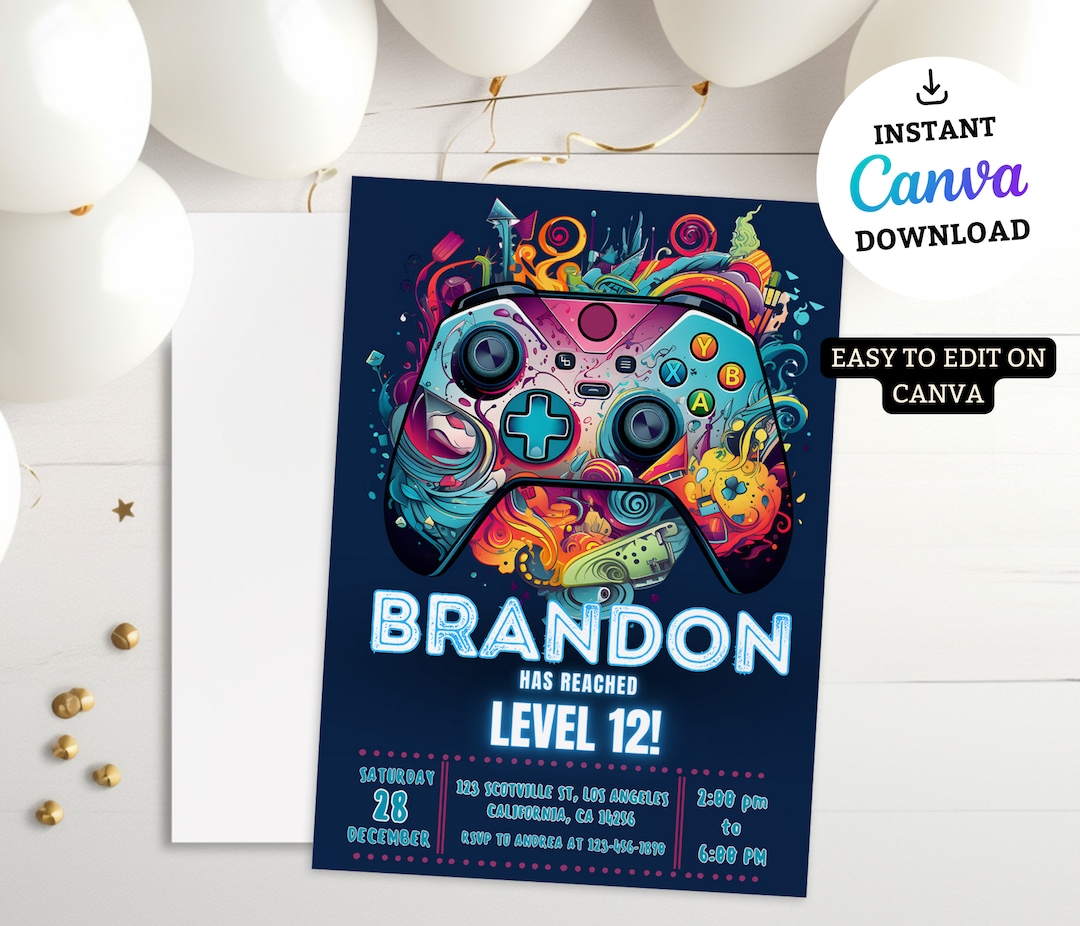 Video Game Birthday Invitation Template, Video Game Invitation, Neon ...