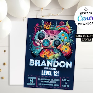 Video Game Birthday Invitation Template, Video Game Invitation, Neon ...