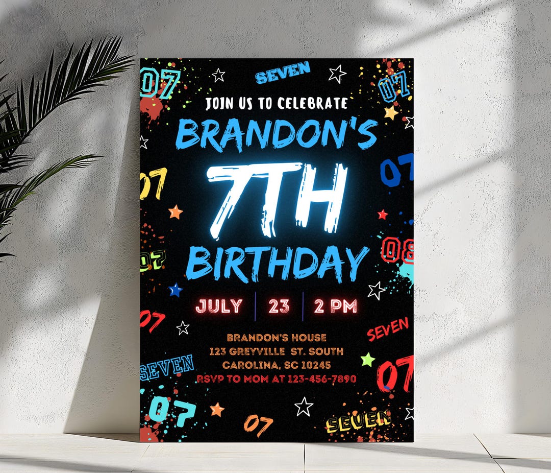 Boy Birthday Invitation, 7th Boy Birthday Invitation, Boy Birthday ...