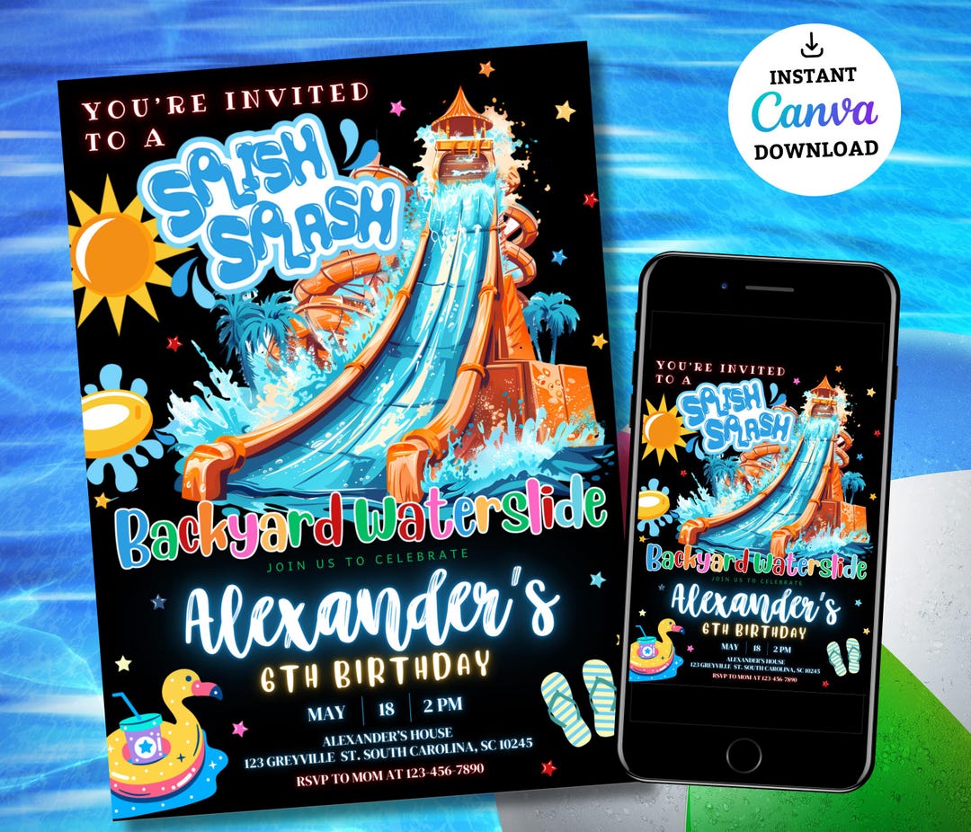 Editable Waterslide Birthday Invitation - Summer Pool Party - Splash ...