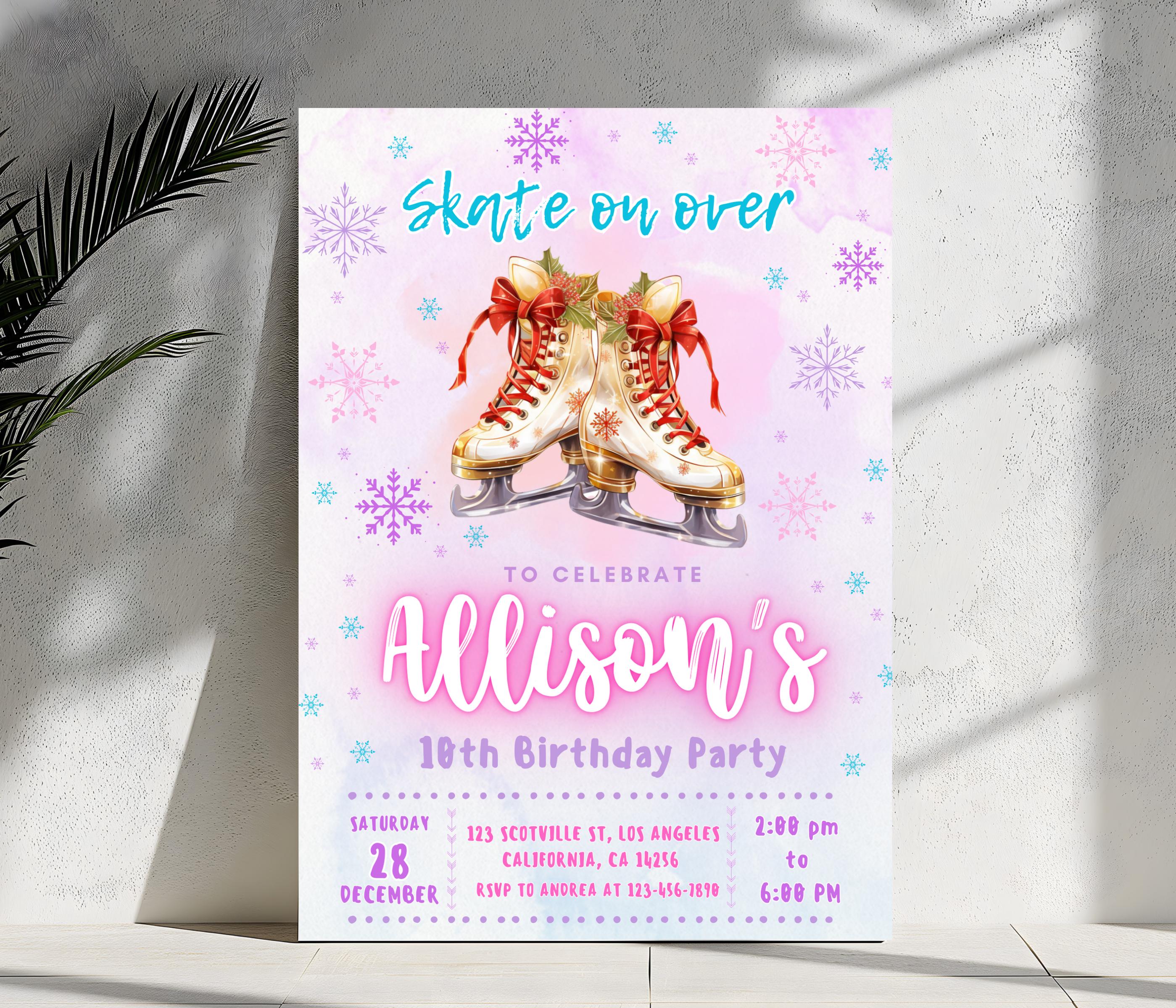 Ice Skating Birthday Invitation: Pastel Snowflake Party (EDITABLE ...