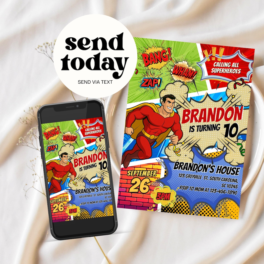 Editable Superhero Birthday Invitation Template, Comic Book Birthday ...