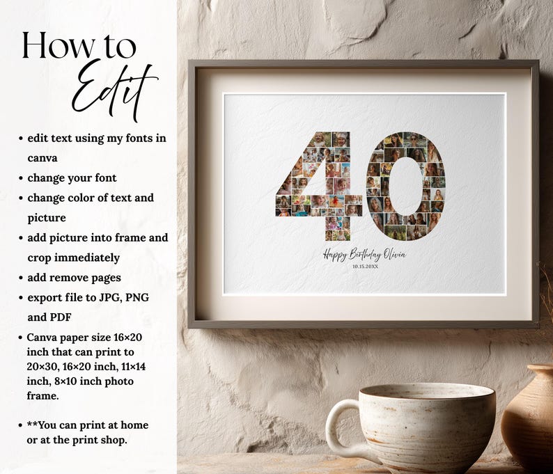 40th Birthday Photo Collage Template, Number Forty Collage, 40th Photo ...