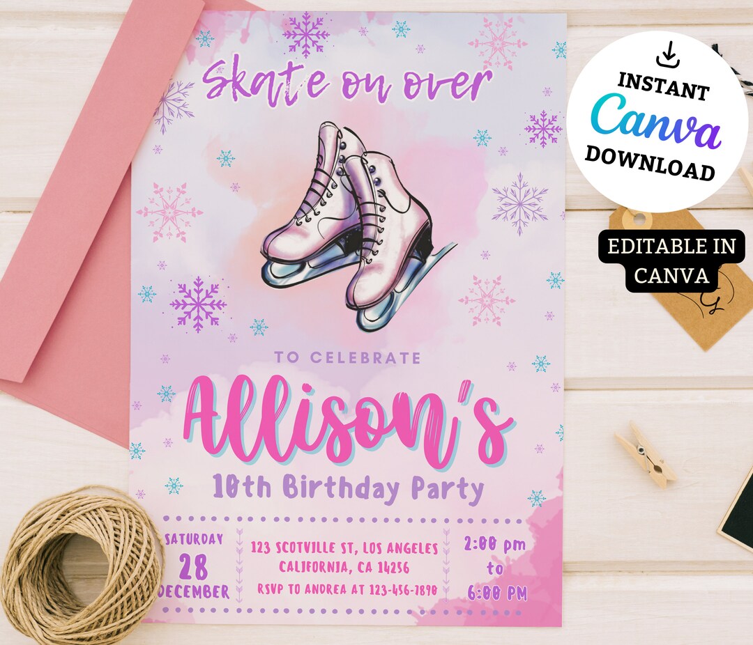 Ice Skating Birthday Invitation, EDITABLE Winter Skate Party Invite ...