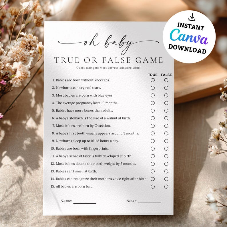 True or False Baby Shower Game, Printable Baby Shower True or False ...