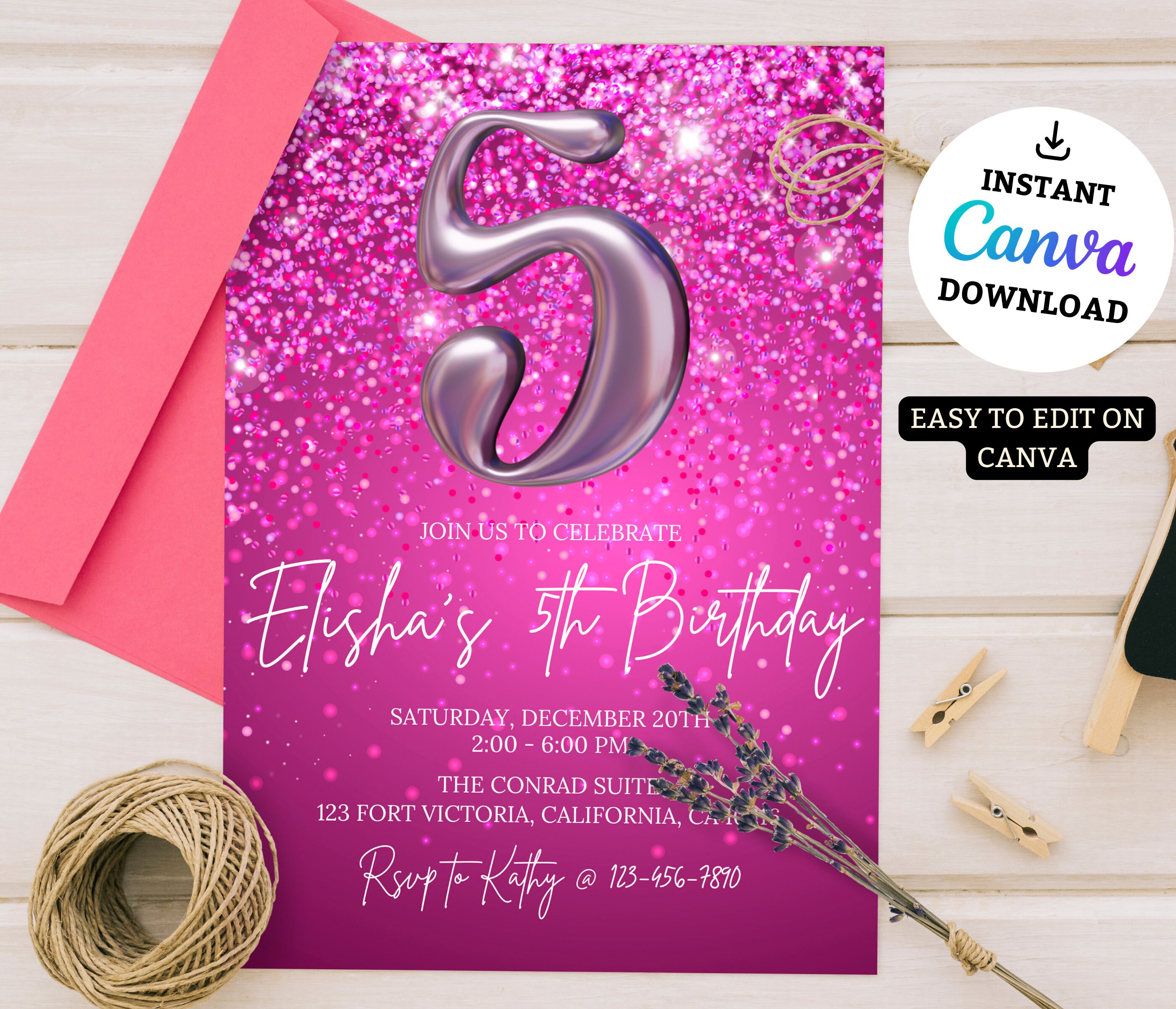 Editable Pink 5th Birthday Invitation Template Glitter Birthday Party ...