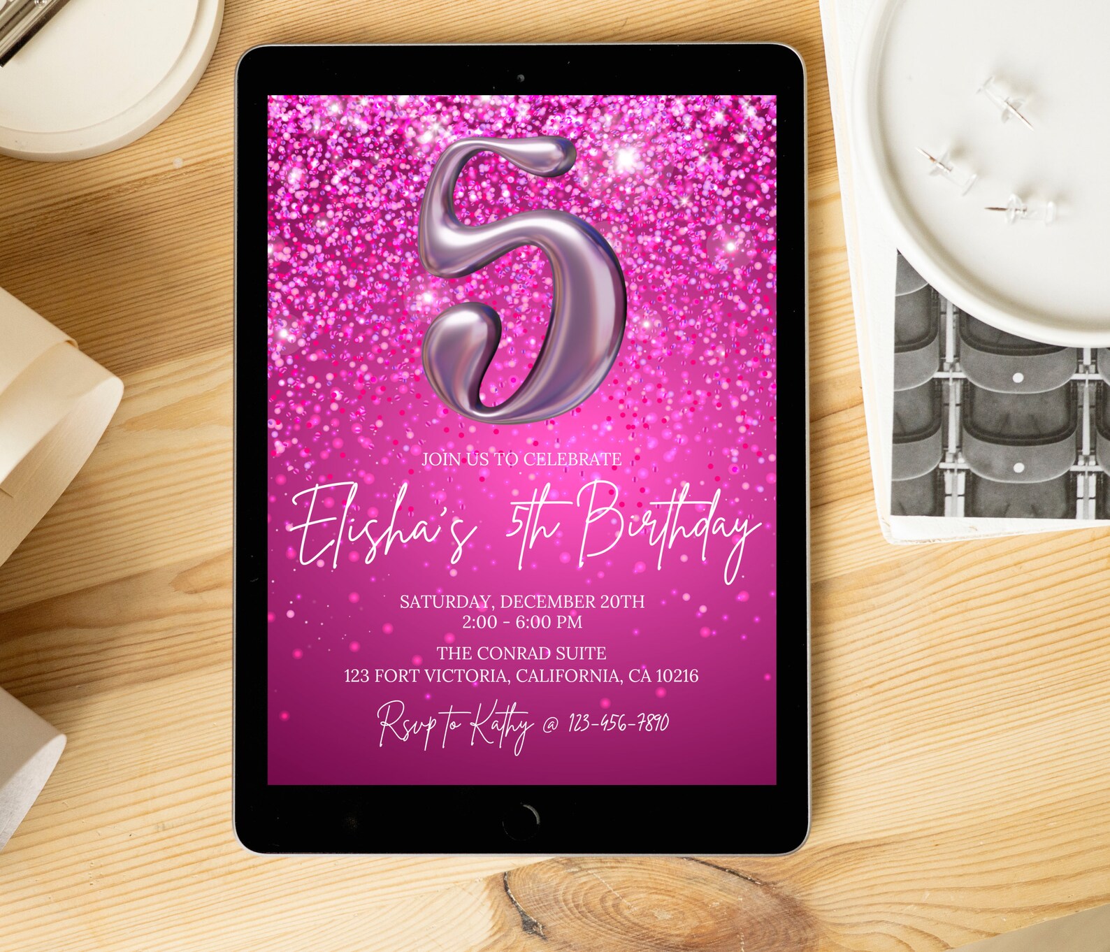 Editable Pink 5th Birthday Invitation Template Glitter - Etsy