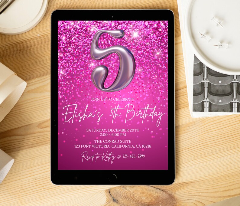 Editable Pink 5th Birthday Invitation Template Glitter - Etsy