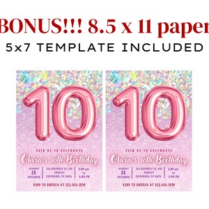 Pink Glitter 10th Birthday Invitation: Rainbow Foil (digital Download ...