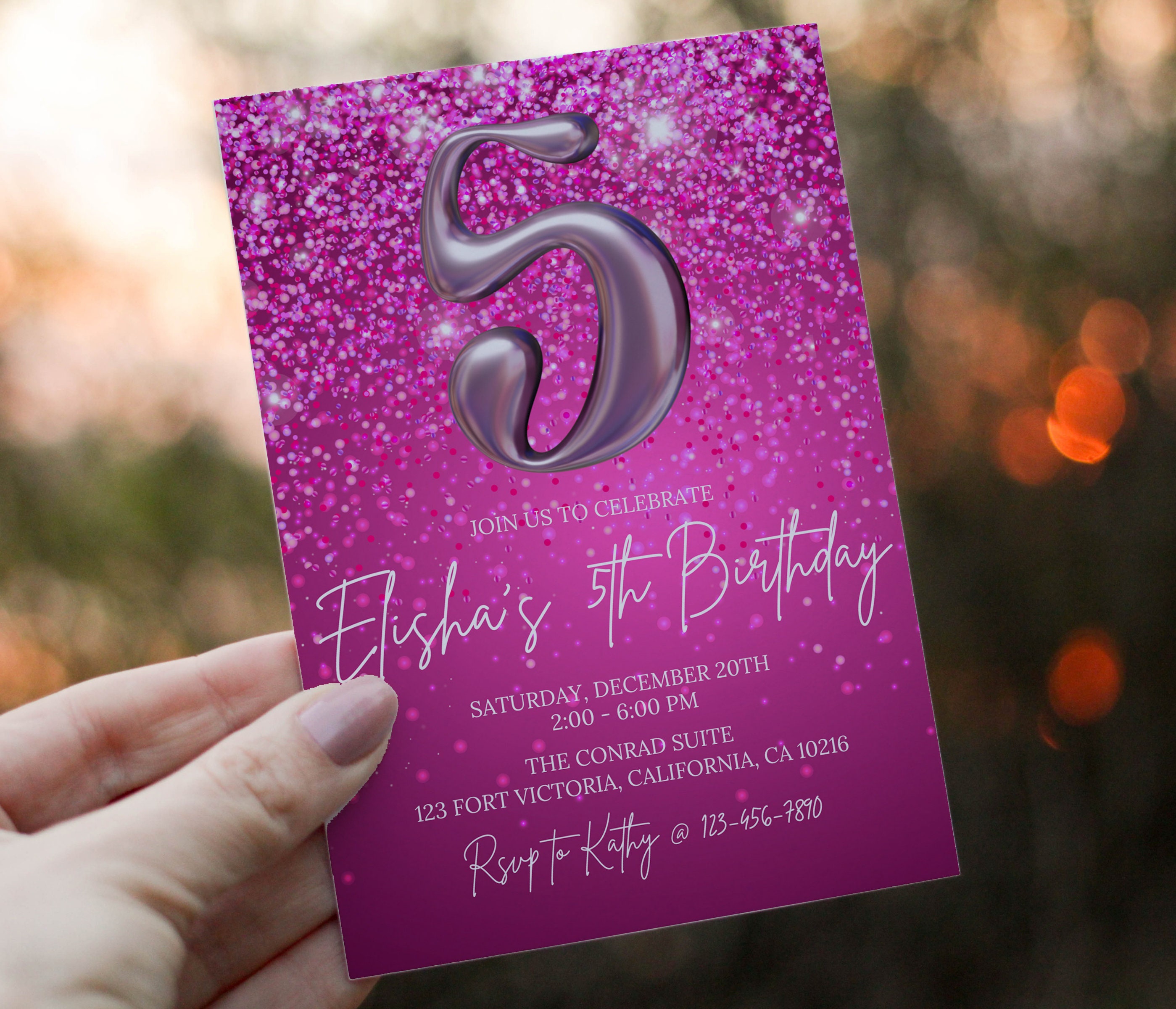 Editable Pink 5th Birthday Invitation Template Glitter - Etsy