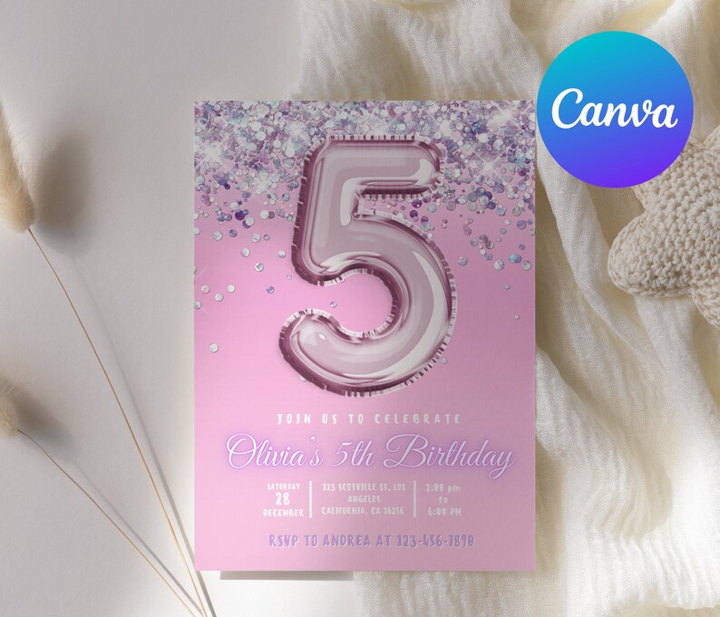 Pink Glitter 5th Birthday Invitation: Rainbow Foil (digital Download ...