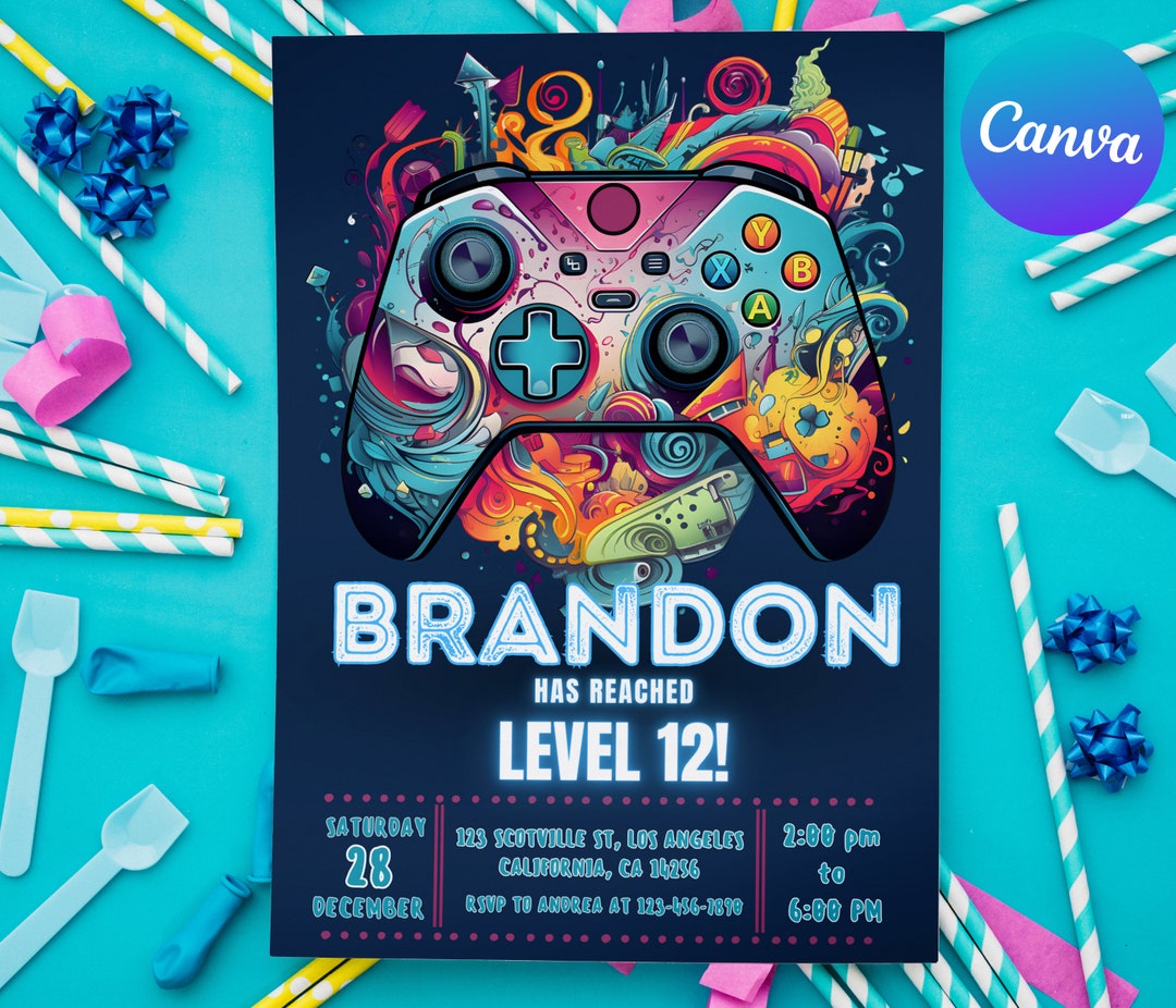 Video Game Birthday Invitation Template, Video Game Invitation, Neon ...