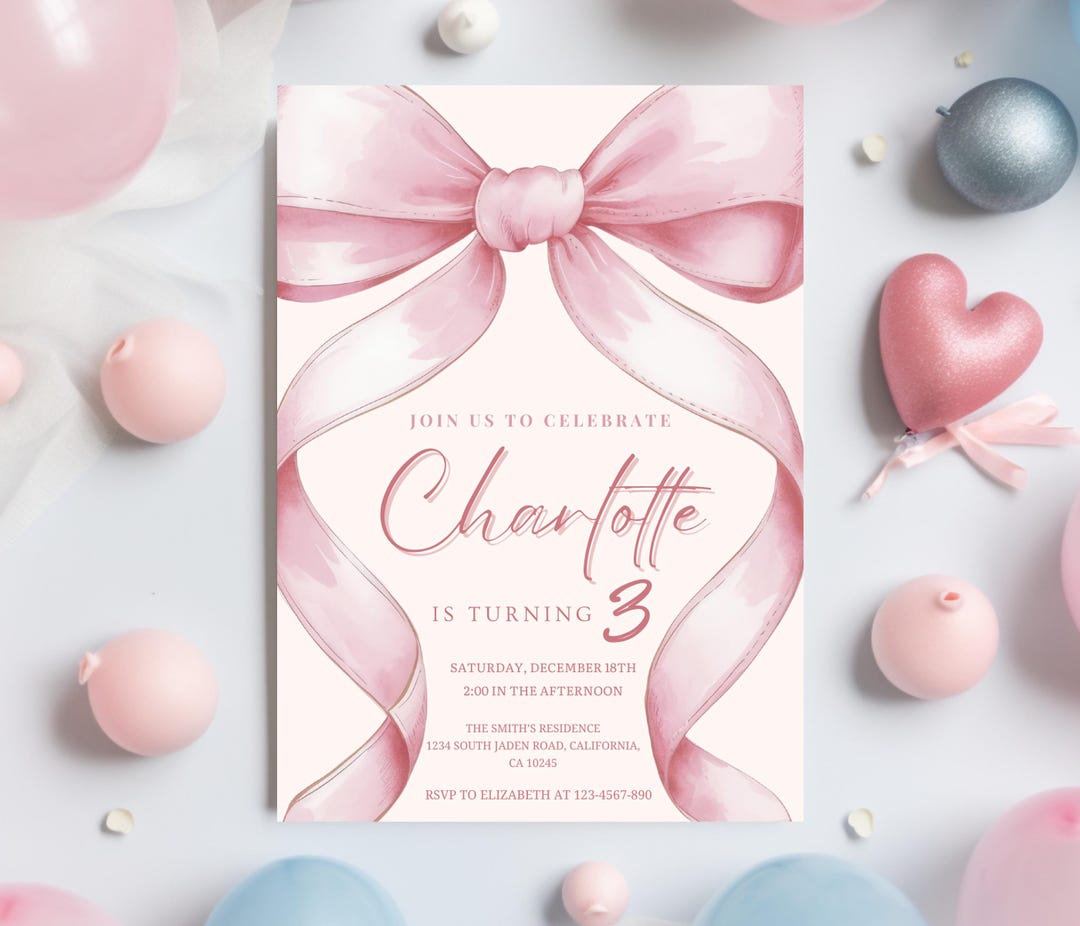 Editable Pink Bow Third Birthday Template Printable, Pink Coquette Bow ...