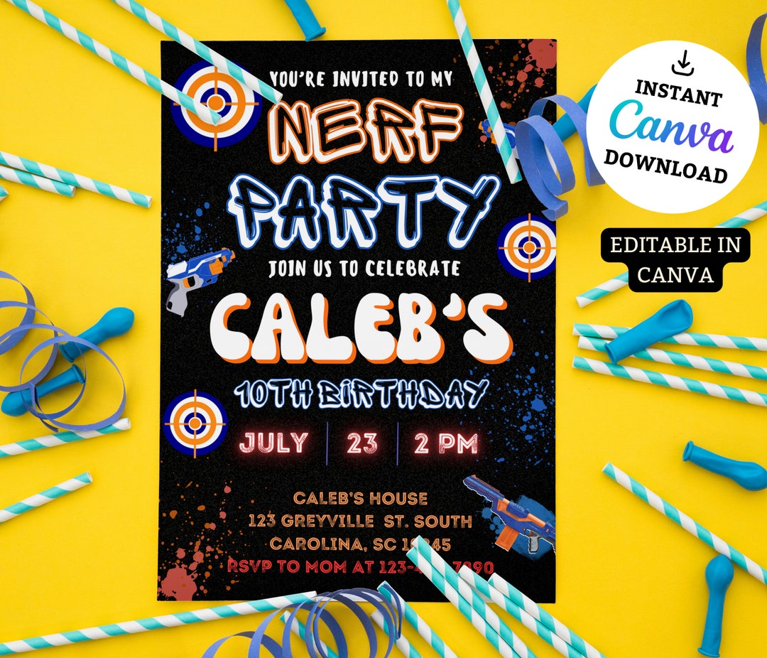 Editable Nerf Birthday Invitation, Dart Gun Party Invite for Boys ...