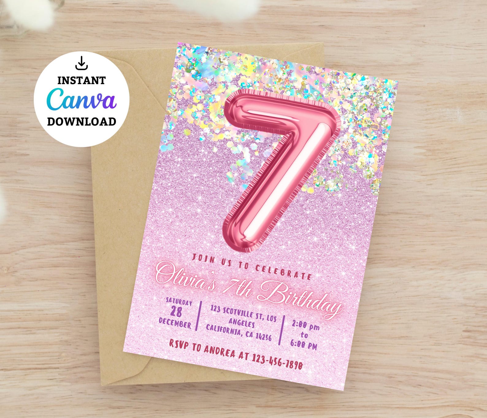 Editable Pink 7th Birthday Invitation Template Glitter Birthday Invite ...