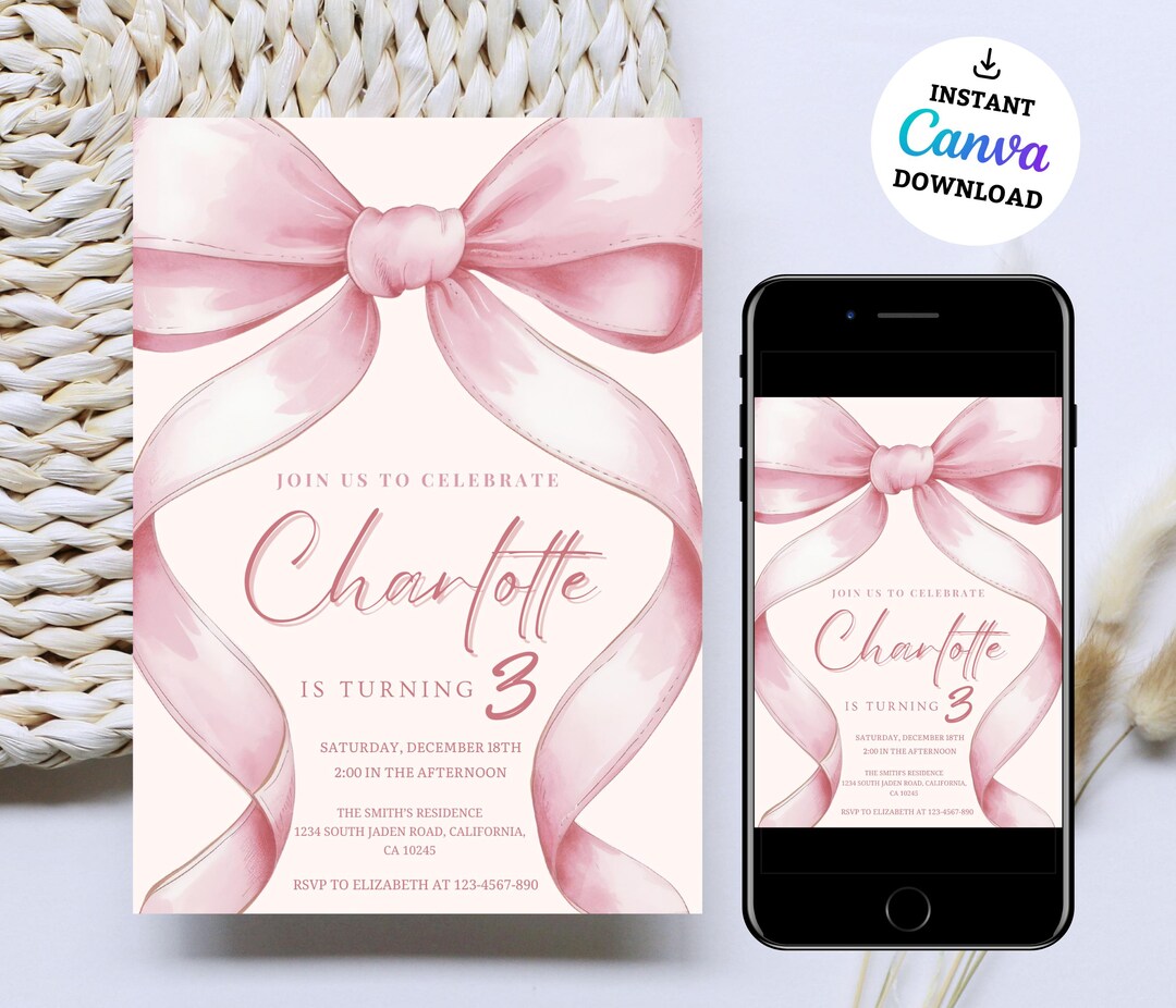 Editable Pink Bow Third Birthday Template Printable, Pink Coquette Bow ...