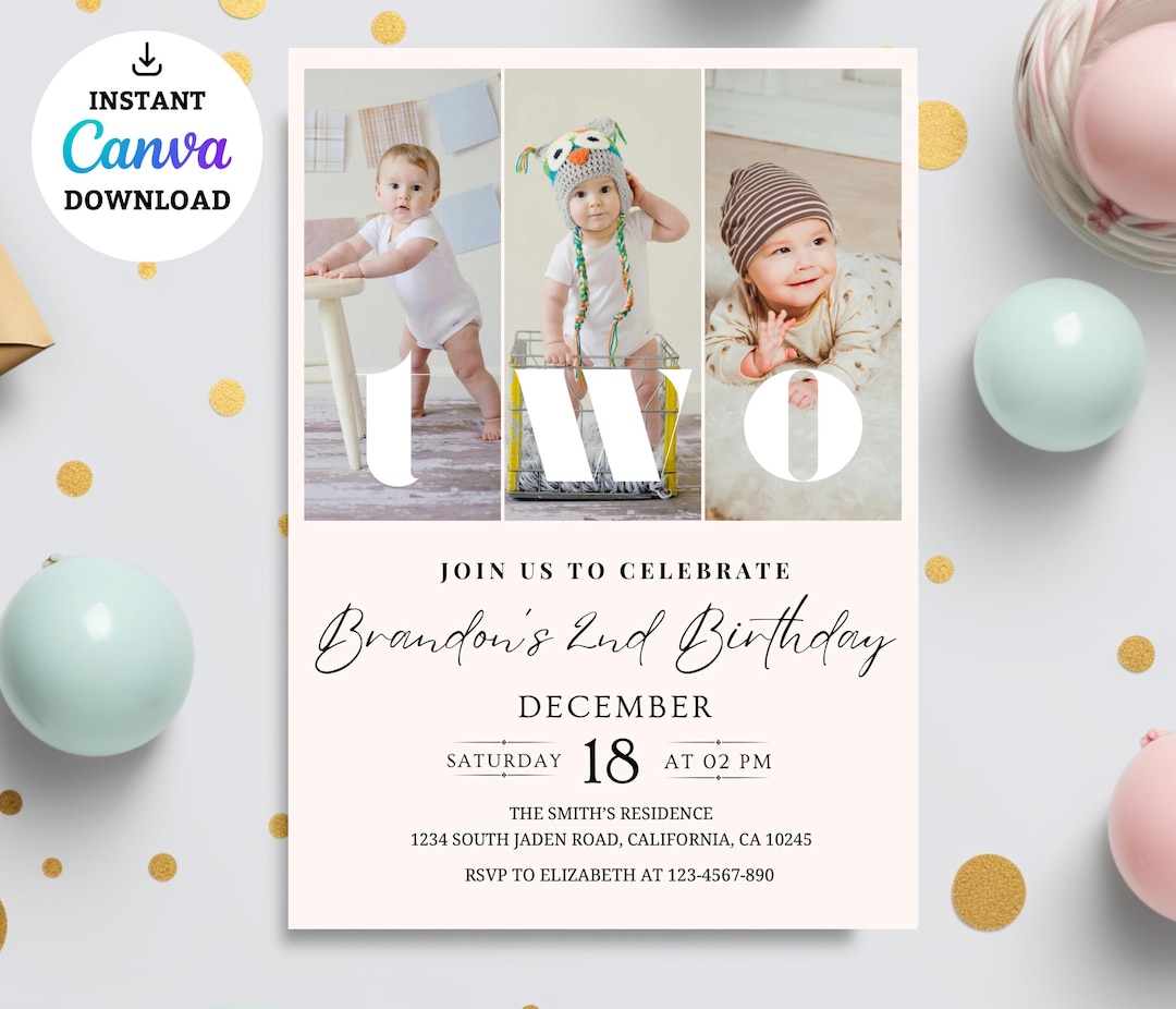 Editable 2nd Birthday Photo Invitation Boy Birthday Party Boy Second ...