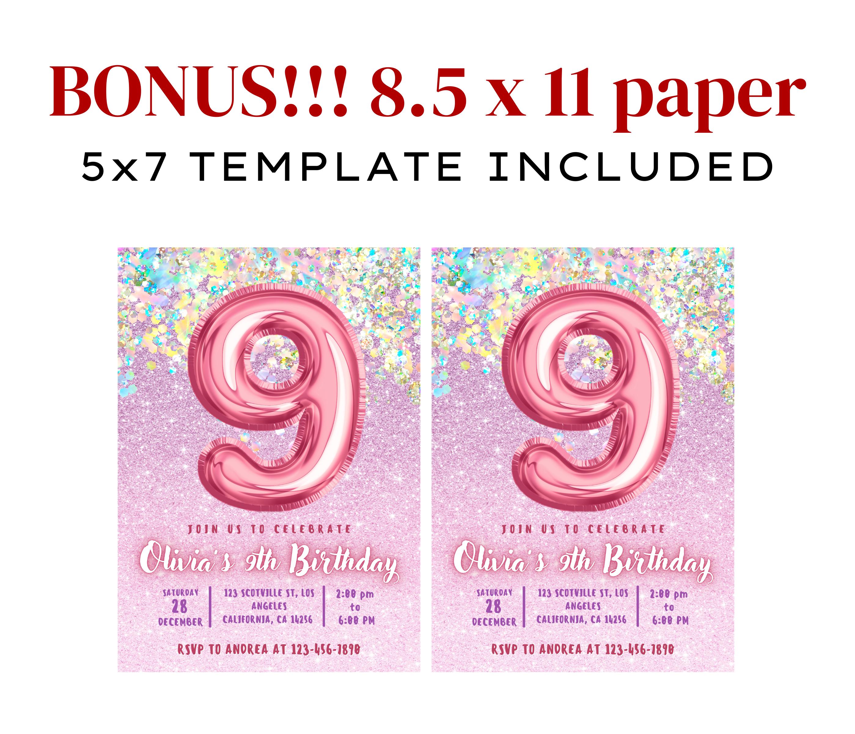 Editable Pink 9th Birthday Invitation Template Glitter Birthday Invite ...