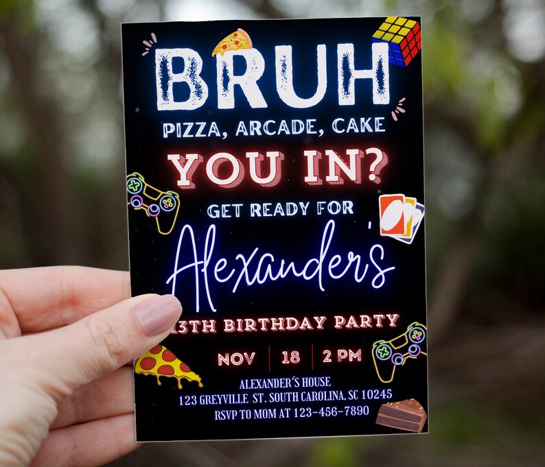 Bruh Neon Birthday Invitation, Boy Birthday Invitation, Teenager ...