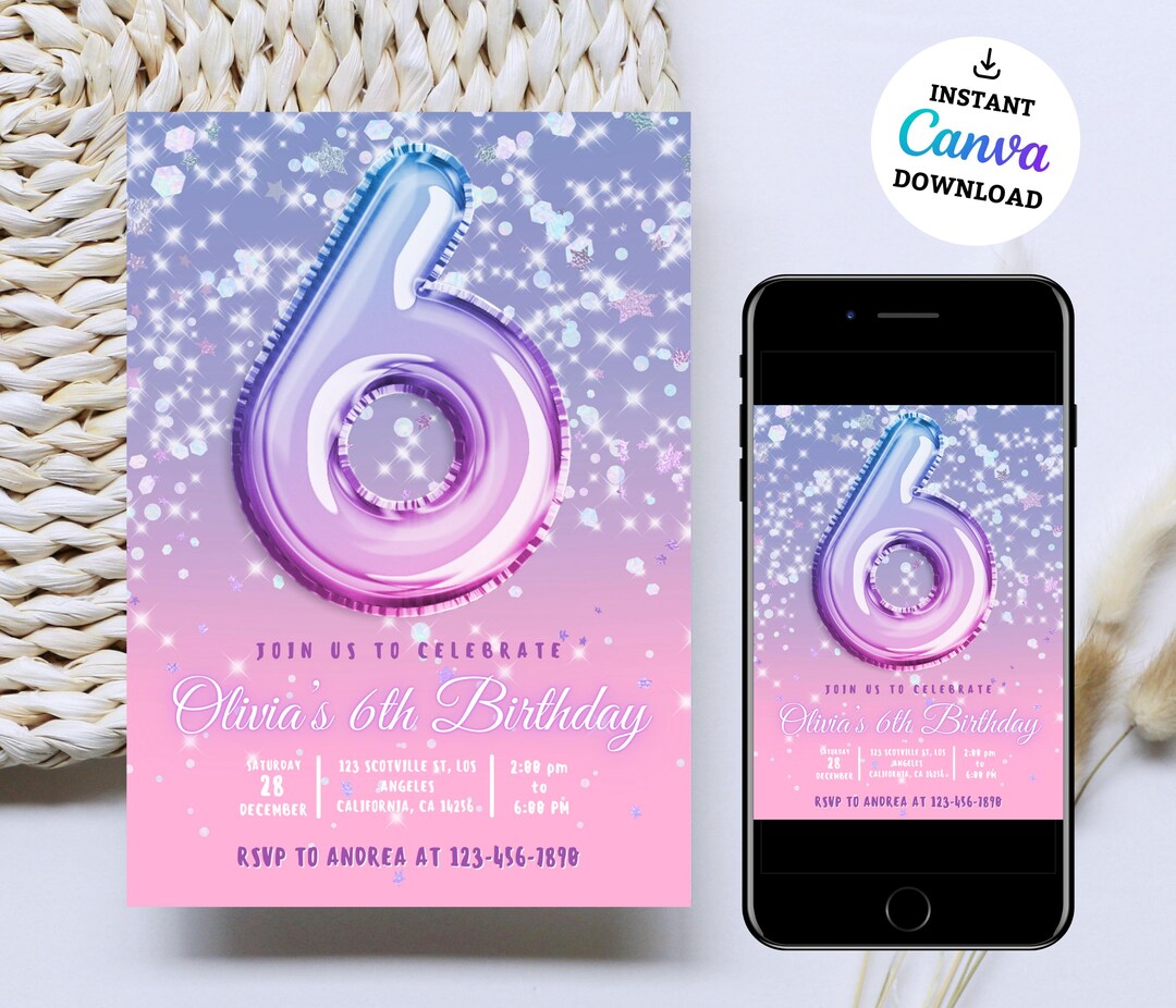Editable Pink 6th Birthday Invitation Template Glitter Birthday Party ...