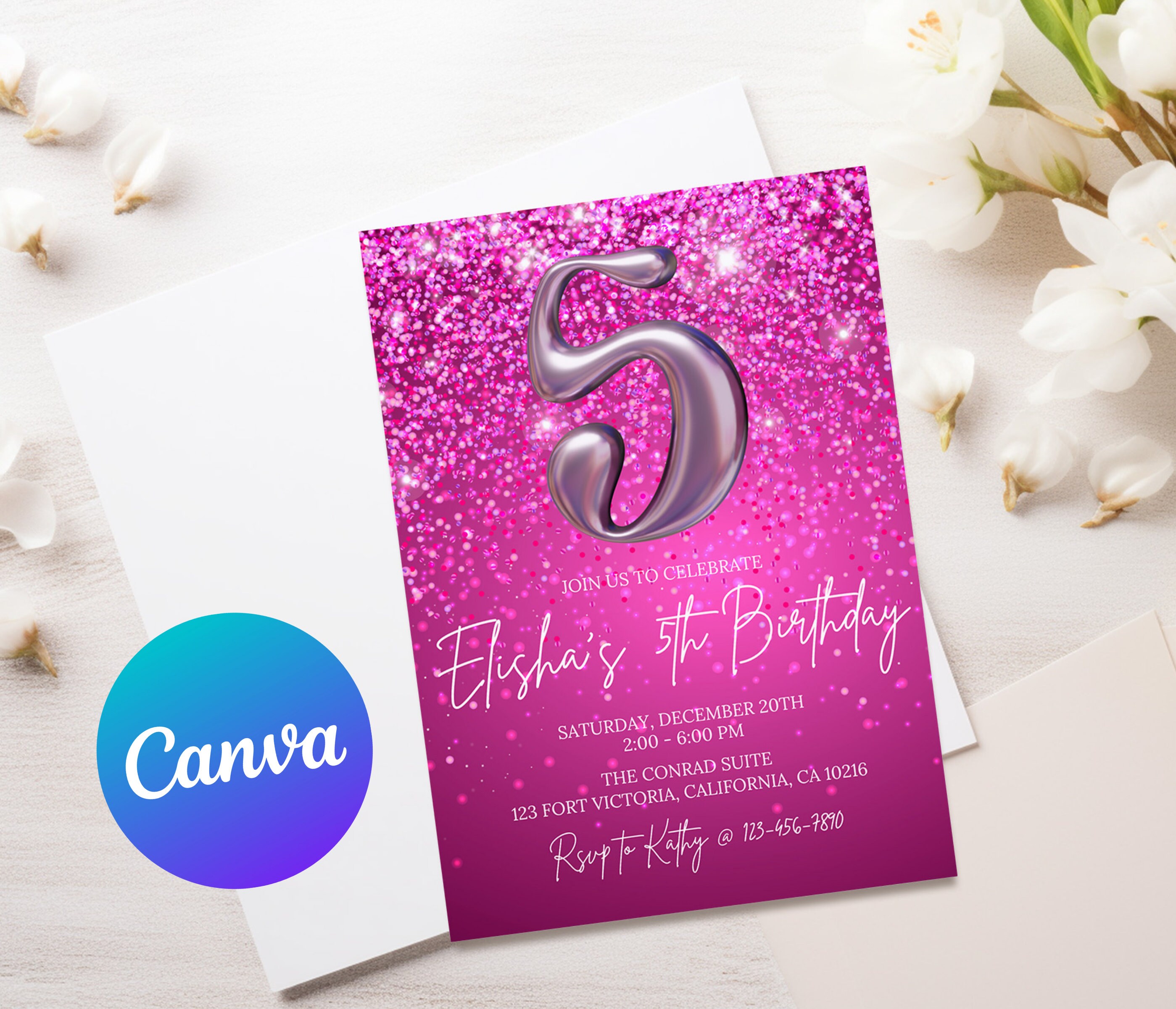 Editable Pink 5th Birthday Invitation Template Glitter Birthday Party ...