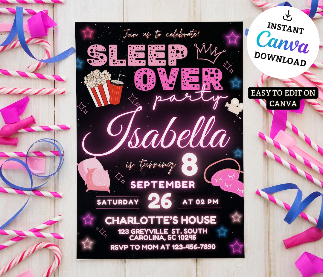 Editable Slumber Party Birthday Invitation Sleepover Birthday Invite ...