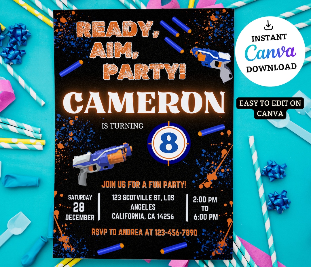Dart Gun Invitation Editable Template, Dart Gun Birthday Invitation ...