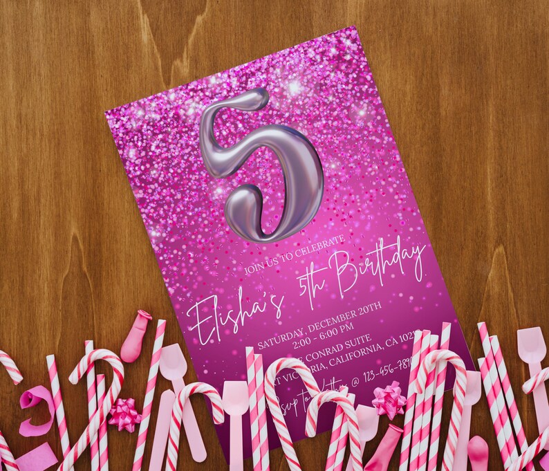 Editable Pink 5th Birthday Invitation Template Glitter Birthday Party ...