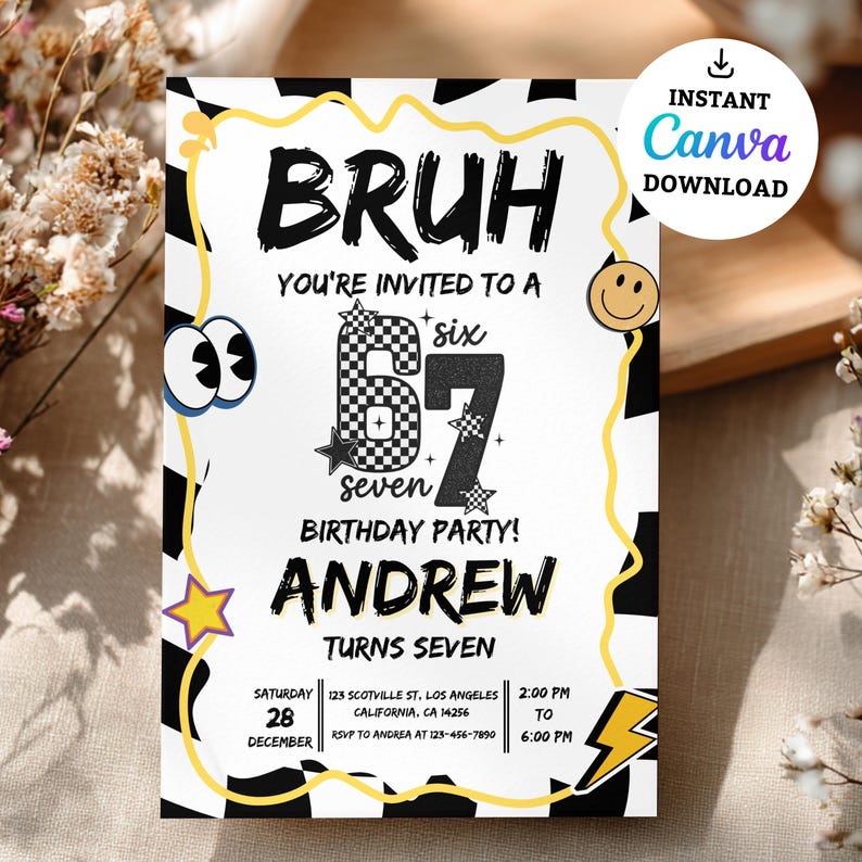 Six Seven Kids Birthday Party Invitation, 67 Viral Meme Invite, Boy ...