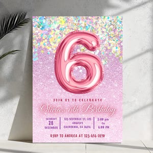 Editable Pink 6th Birthday Invitation Template Glitter Birthday Party ...