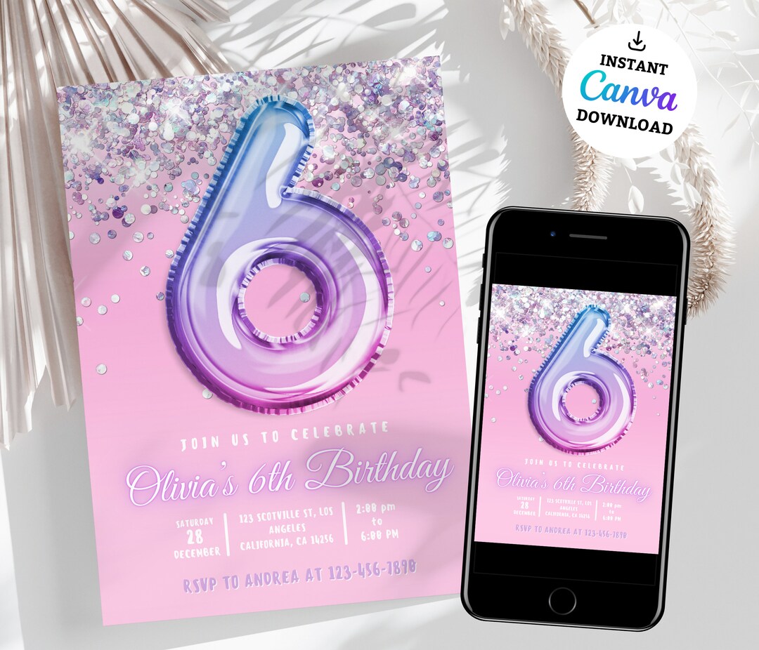 Editable Pink 6th Birthday Invitation Template Glitter Birthday Party ...