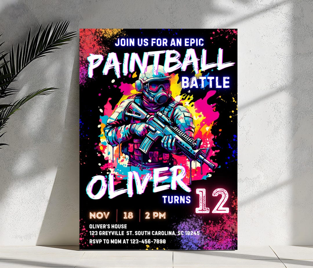 Editable Paintball Invitation Template, Paint Ball Party Invite, Paint ...