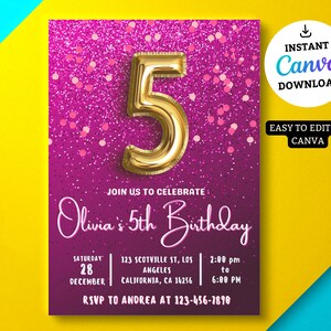 Editable Pink 5th Birthday Invitation Template Glitter Birthday Party ...