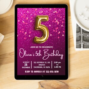 Editable Pink 5th Birthday Invitation Template Glitter Birthday Party ...
