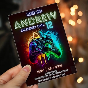 Video Game Birthday Invitation Template, Video Game Invitation, Neon ...